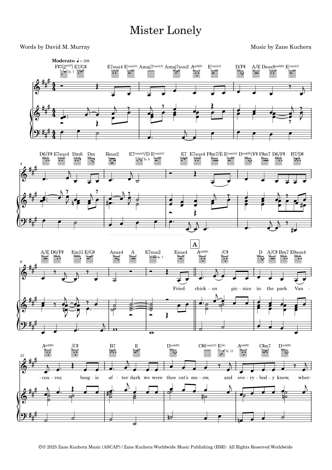 Mister Lonely by Zane Kuchera Sheet Music for Piano, Vocal & Guitar ...