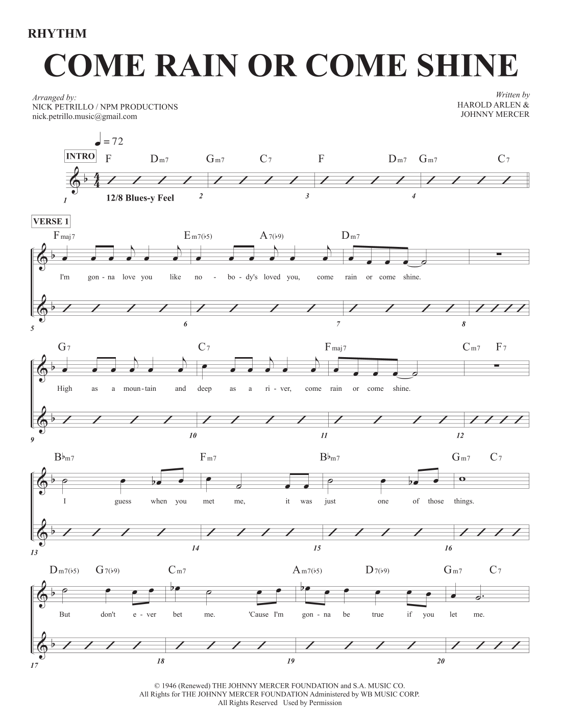 Come Rain Or Come Shine (arr. Nick Petrillo) by Harold Arlen Sheet ...