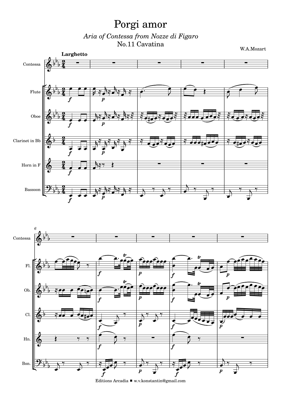 W.A.Mozart: Porgi amor. from Nozze di Figaro. Full Score. Arranged for ...