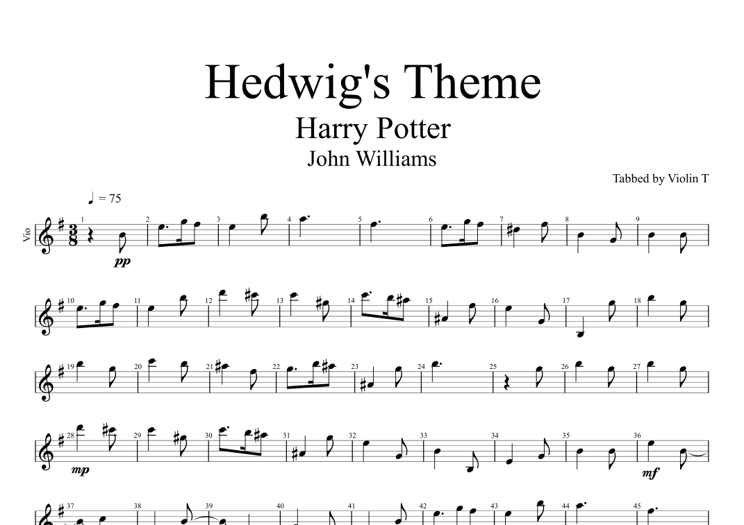 Hedwig's Theme (Harry Potter) (arr. Violin T) by Jöhn Williams Sheet ...