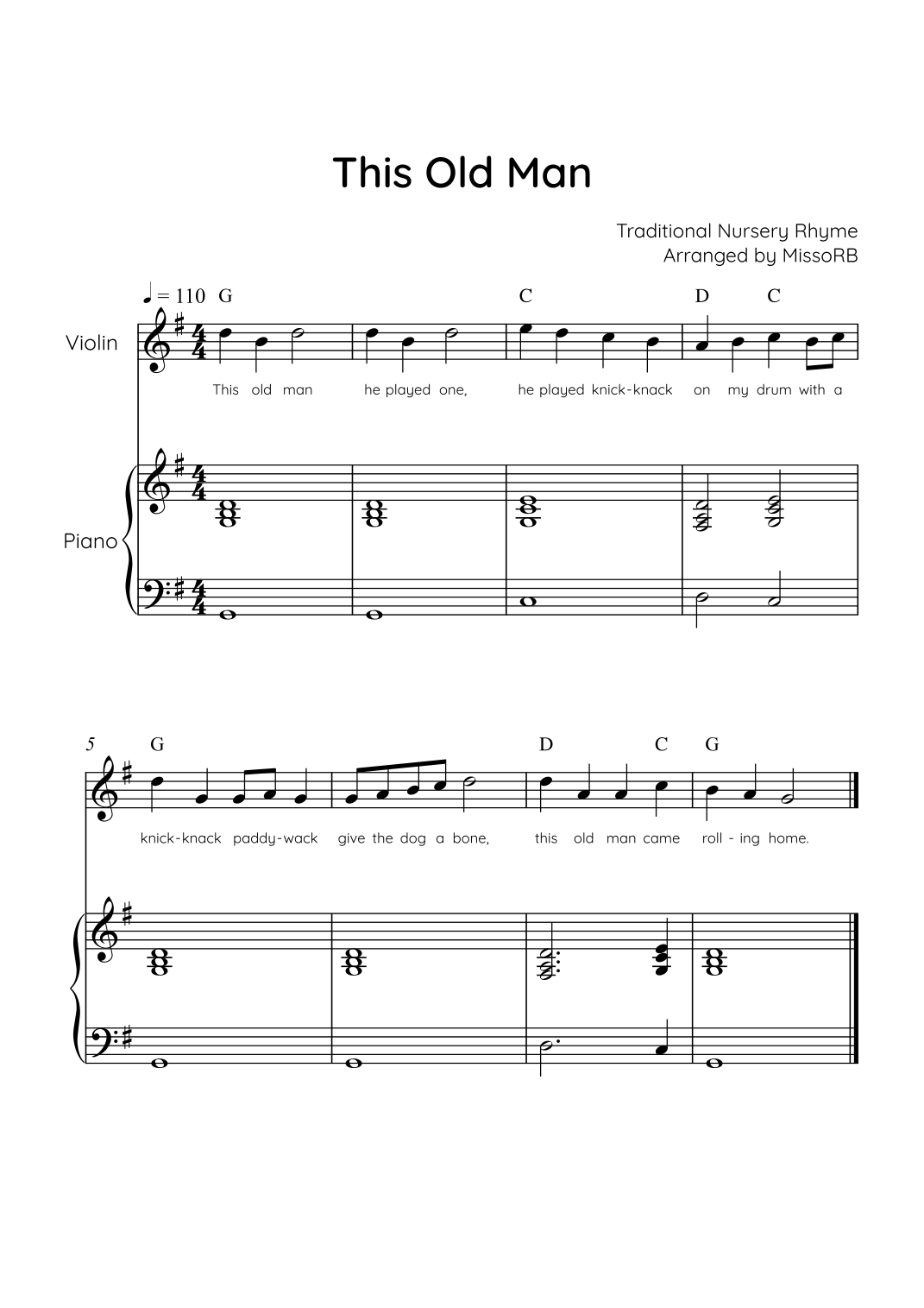 This Old Man - Violin & Piano in G With Chords & Lyric - Easy (arr ...