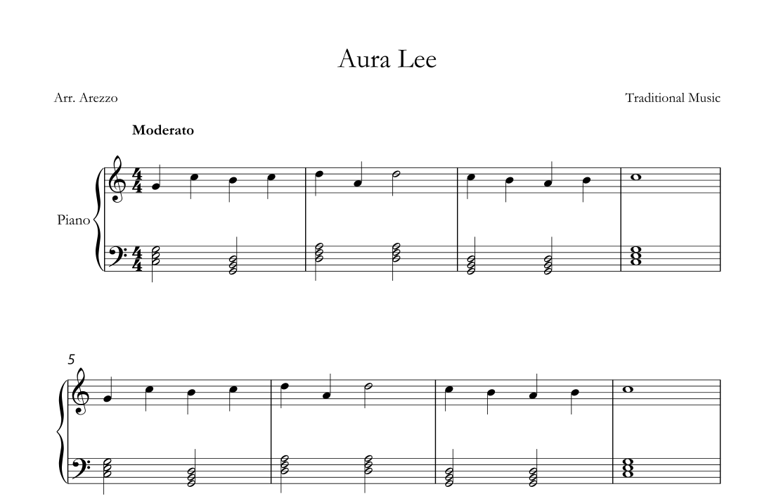 Aura Lee – Easy Piano Sheet Music in C Major (Chord Blocks) (arr ...
