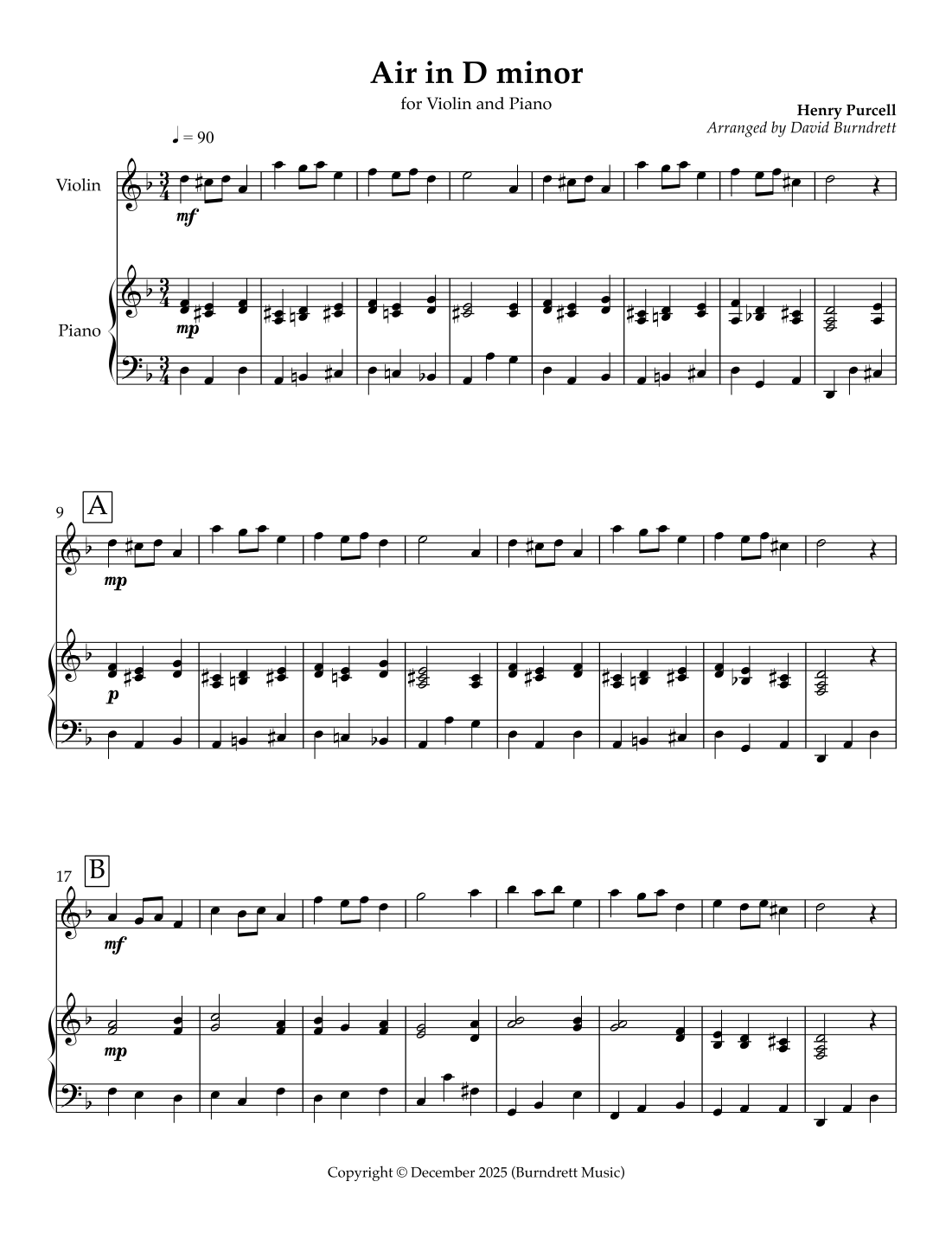 Air in D minor for Violin and Piano (arr. David Burndrett) by Henry ...