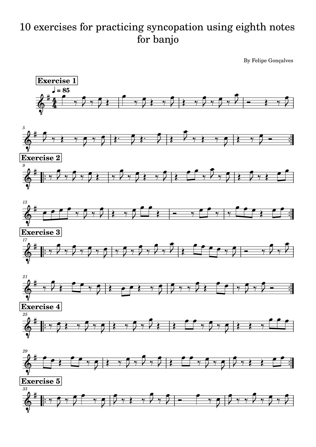 10 exercises for syncopation using eighth notes for banjo in G major ...
