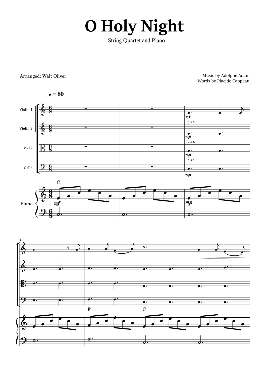 O Holy Night - String Quartet and Piano - Easy Intermediate - C major with chords - (Score ...