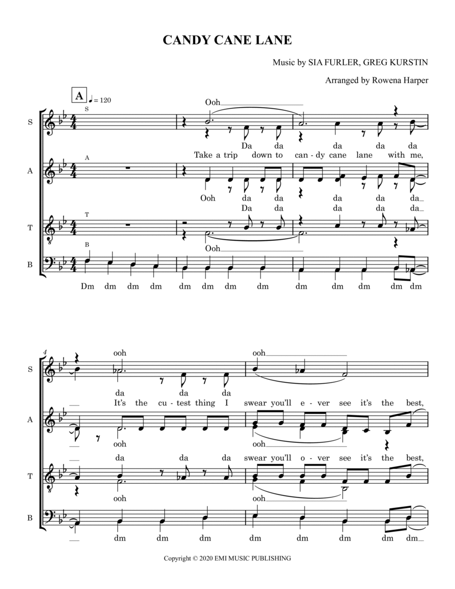 Candy Cane Lane (arr. Rowena Harper) by Sia Sheet Music for SATB Choir ...