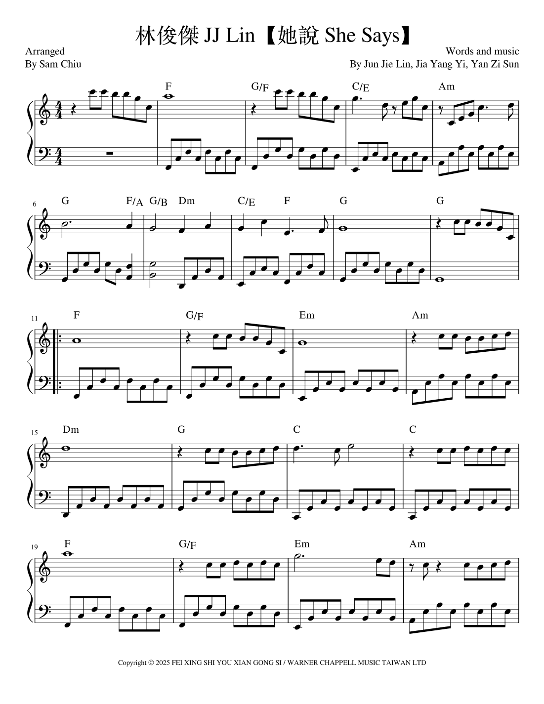 Ta Shuo (arr. Sam Chiu) by JJ Lin Sheet Music for Piano Solo at Sheet ...