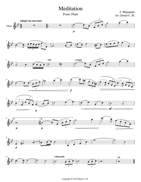 Meditation for oboe and piano (easy) in Bb (arr. Daniel C. M.) by Jules ...