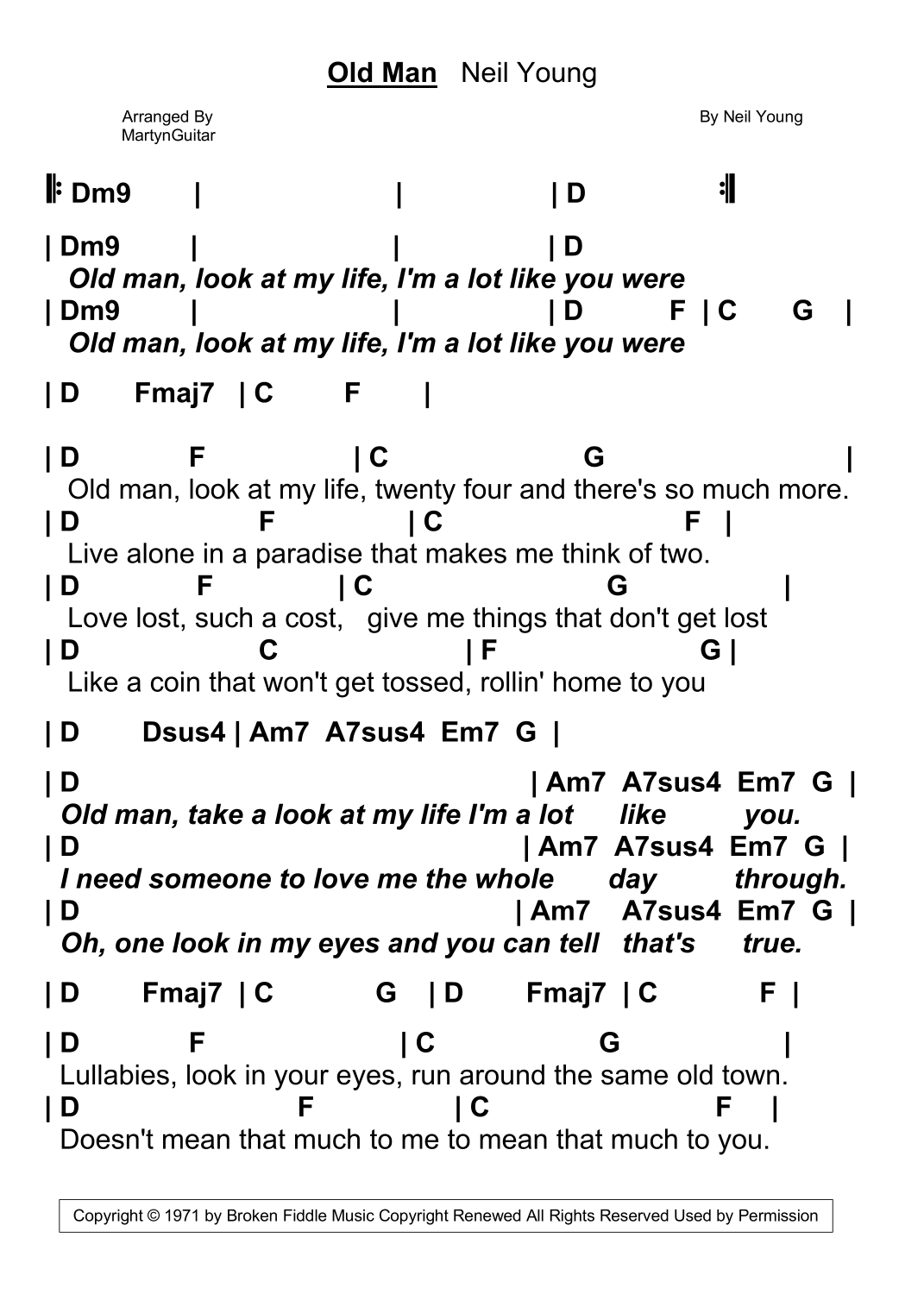 Old Man (arr. MartynGuitar) by Neil Young Sheet Music for Guitar Chords ...