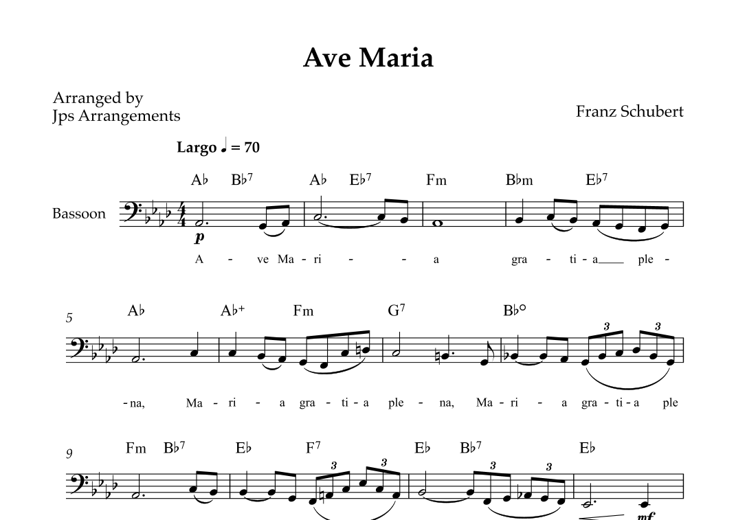 Ave Maria (Schubert) - Easy Bassoon Solo - Key of Ab Major - Lyrics ...