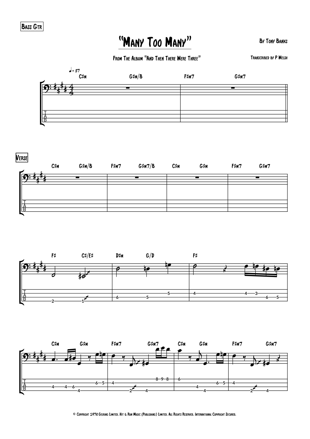 Many Too Many (arr. Paul welsh) by Genesis Sheet Music for Bass Guitar ...