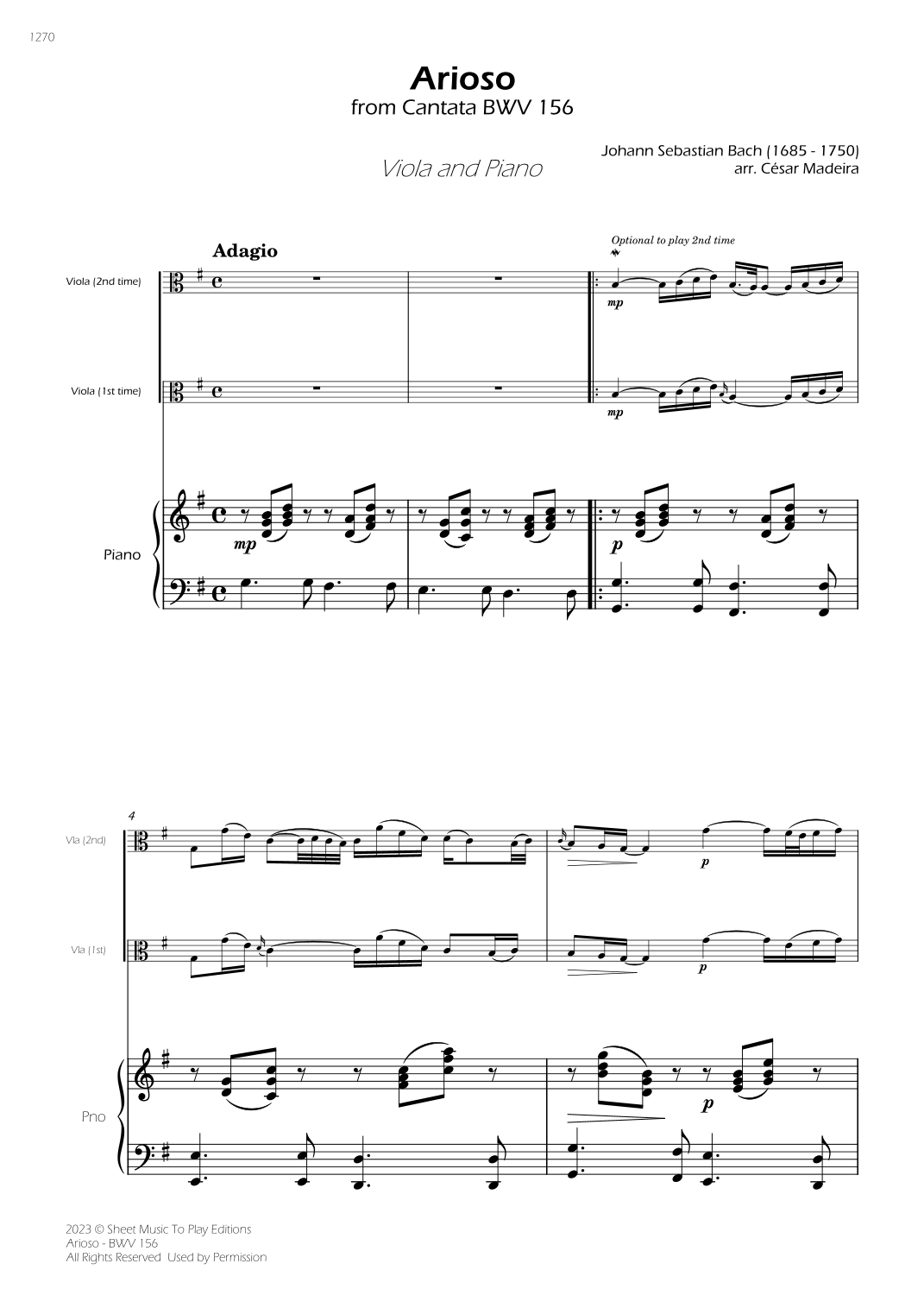 Arioso (BWV 156) - Viola and Piano (Full Score) (arr. César Madeira) by ...