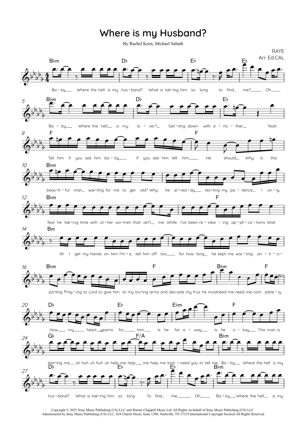 Where Is My Husband! (arr. Arr. Ed.CAL by RAYE Sheet Music for Lead ...