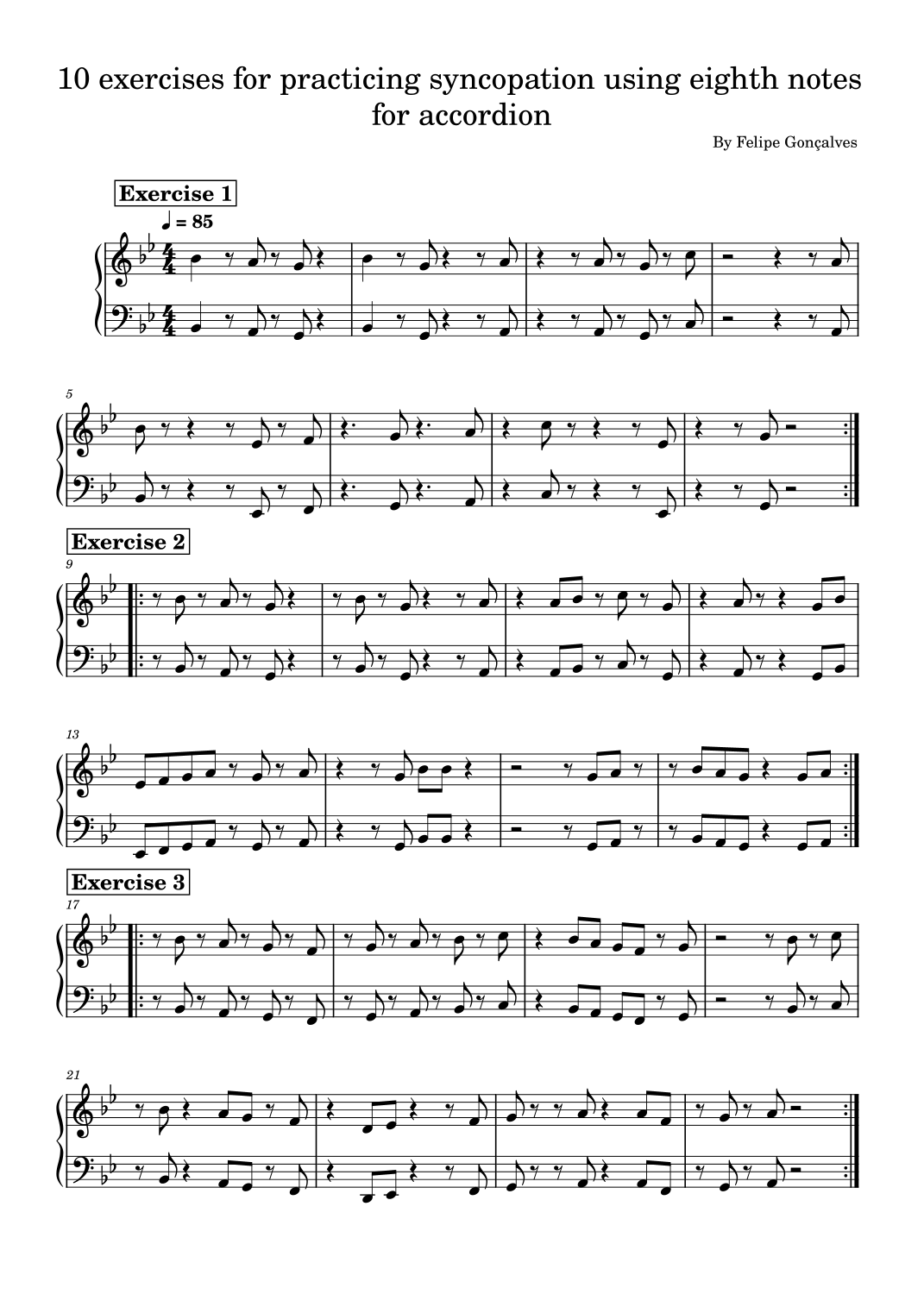10 exercises for syncopation using eighth notes for accordion in A# ...