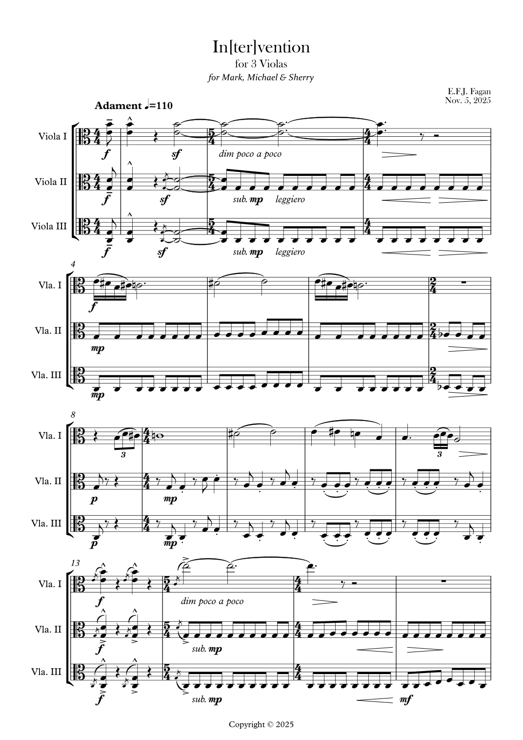 In[ter]vention No. 1 for 3 Violas by E.F.J. Fagan Sheet Music for ...