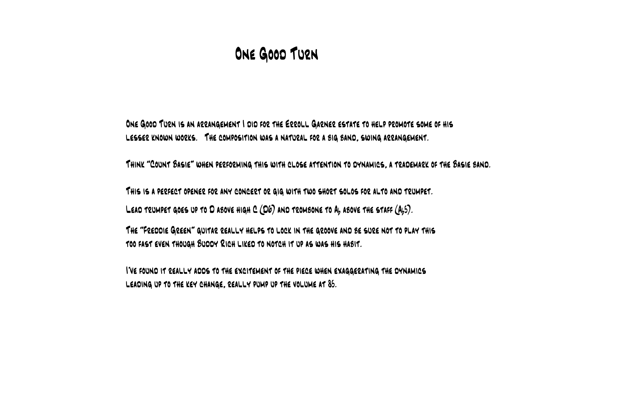 One Good Turn - Score Only (arr. John La Barbera) by Erroll Garner ...