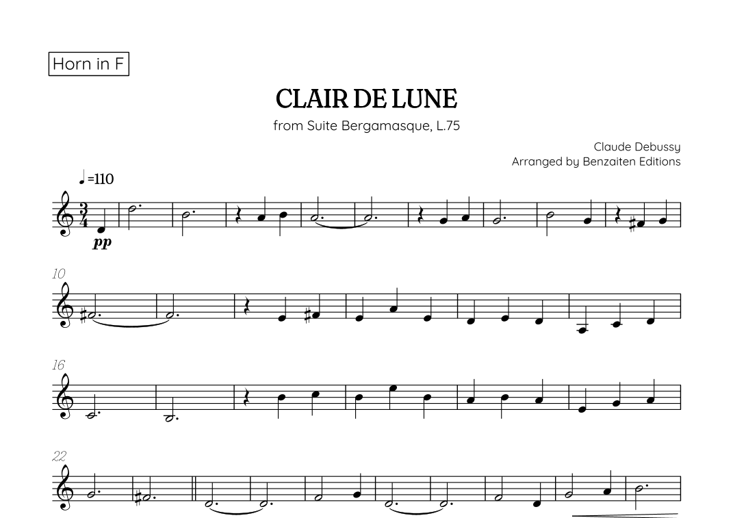Debussy • Clair de Lune | easy french horn sheet music (arr. Benzaiten ...