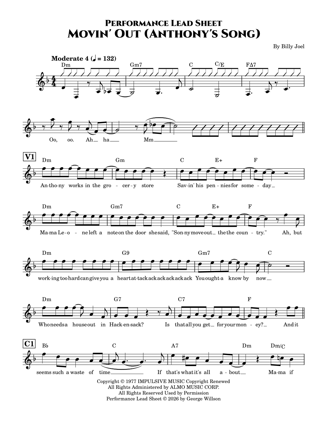 Movin' Out (Anthony's Song) (arr. George Willson) by Billy Joel Sheet ...