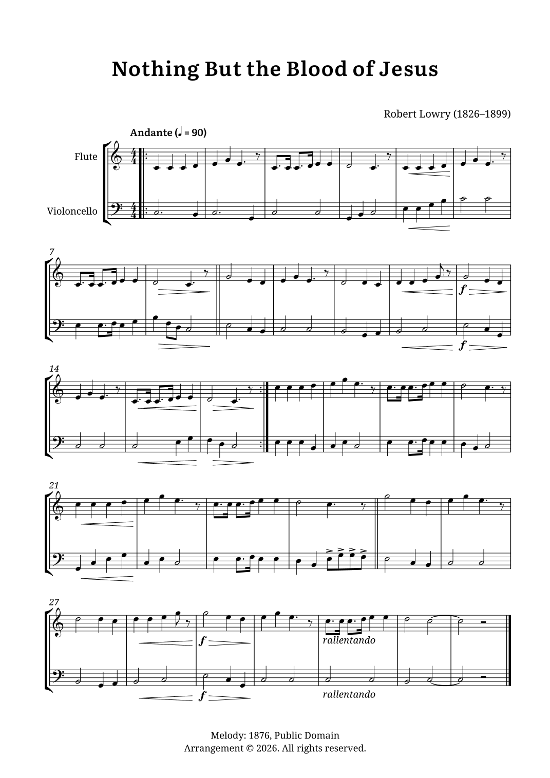 Nothing But the Blood of Jesus – Flute and Cello Duet (C major) (arr. D ...