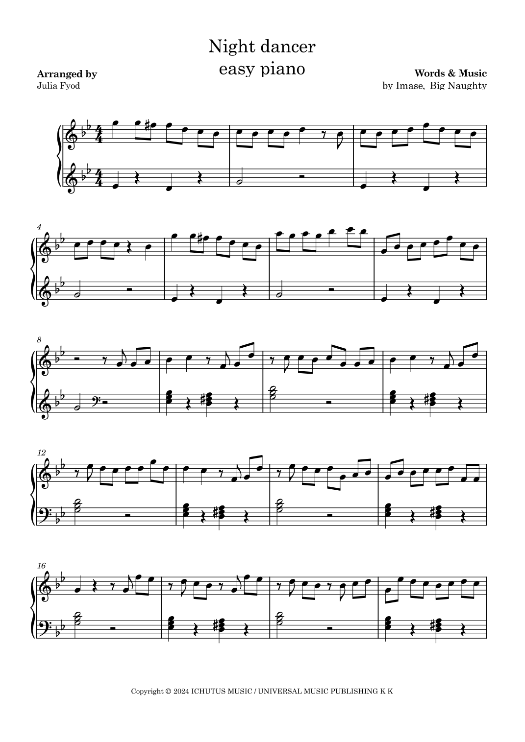 Night Dancer (arr. Julia Fyod) by imase Sheet Music for Easy Piano at ...