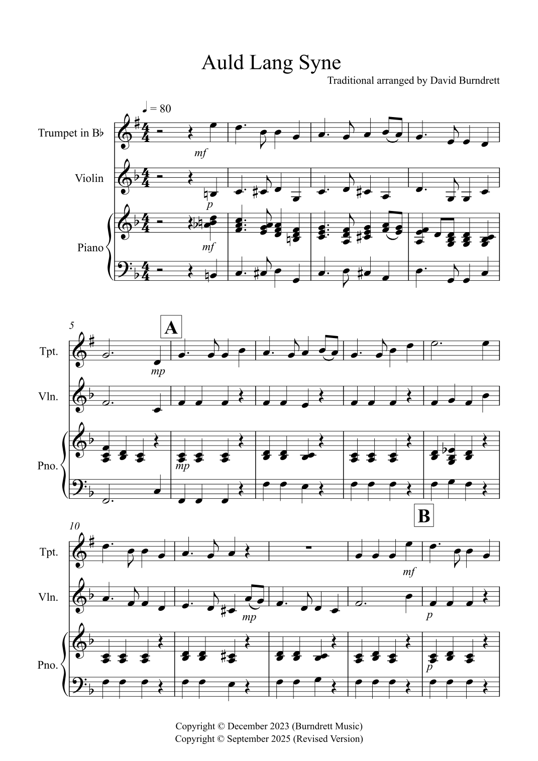 Auld Lang Syne for Trumpet and Violin Duet (arr. David Burndrett) by Traditional Sheet Music for ...