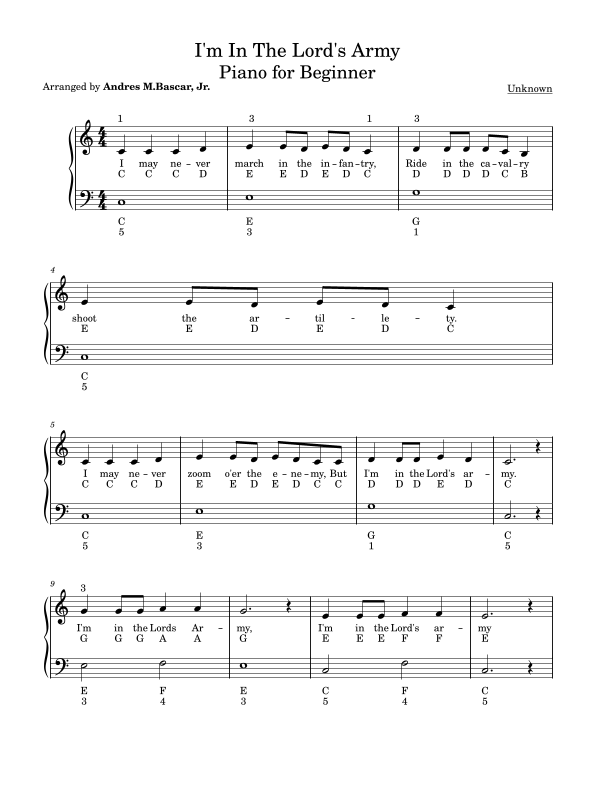 I'm In The Lord's Army (arr. Andres Montecillo Bascar, Jr.) Partitions | Unknown | Piano Facile