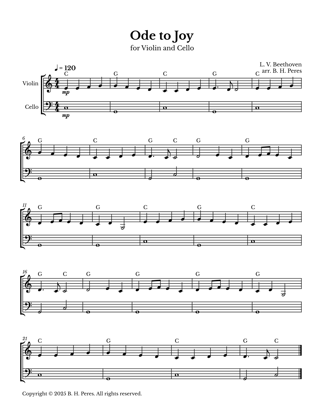 Ode to Joy - Beginner Violin and Cello - C Major w/ chords (arr. B. H ...