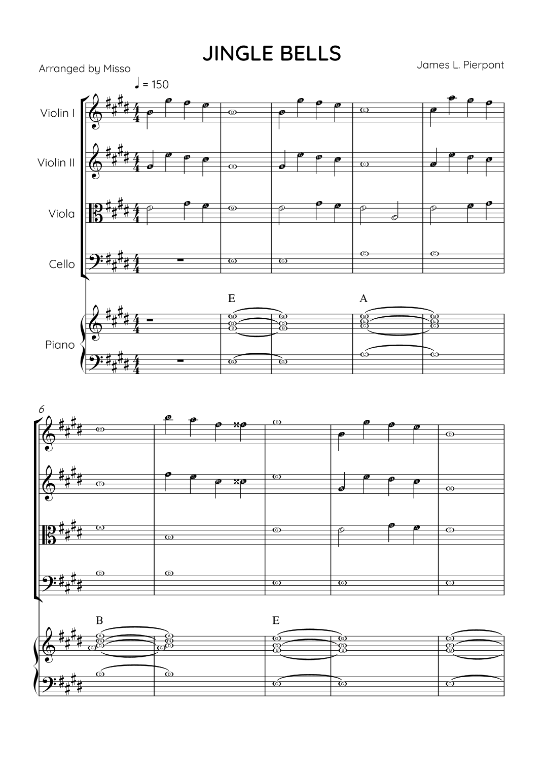 Jingle Bells - Strings Quartet & Piano in E Major - Beginner With Chords & Letter Names (arr ...