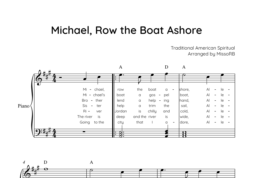 Michael, Row the Boat Ashore - Piano in A With Chords & Lyric - Easy ...