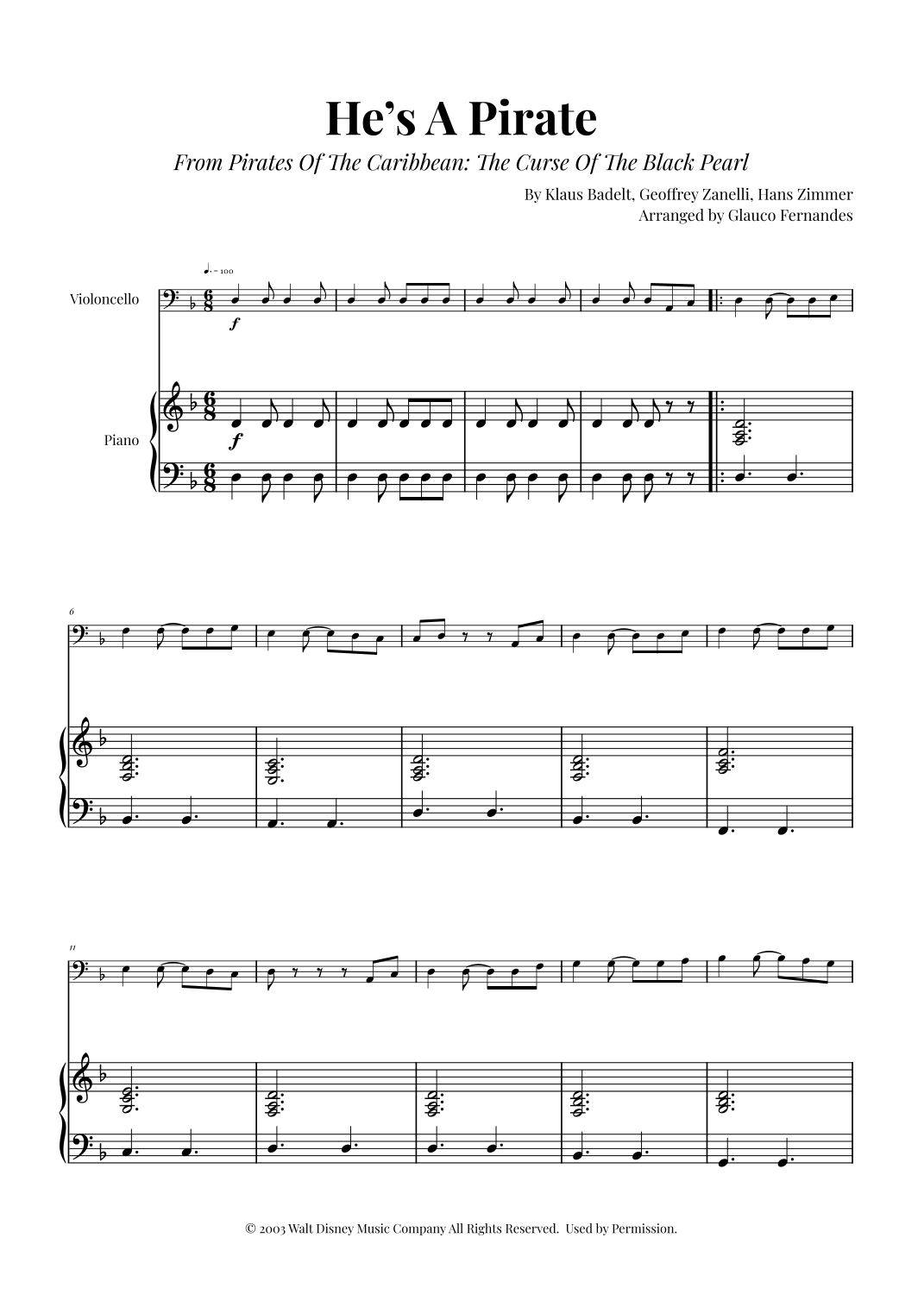 He's A Pirate (arr. Glauco Fernandes) par Geoffrey Zanelli Partitions ...