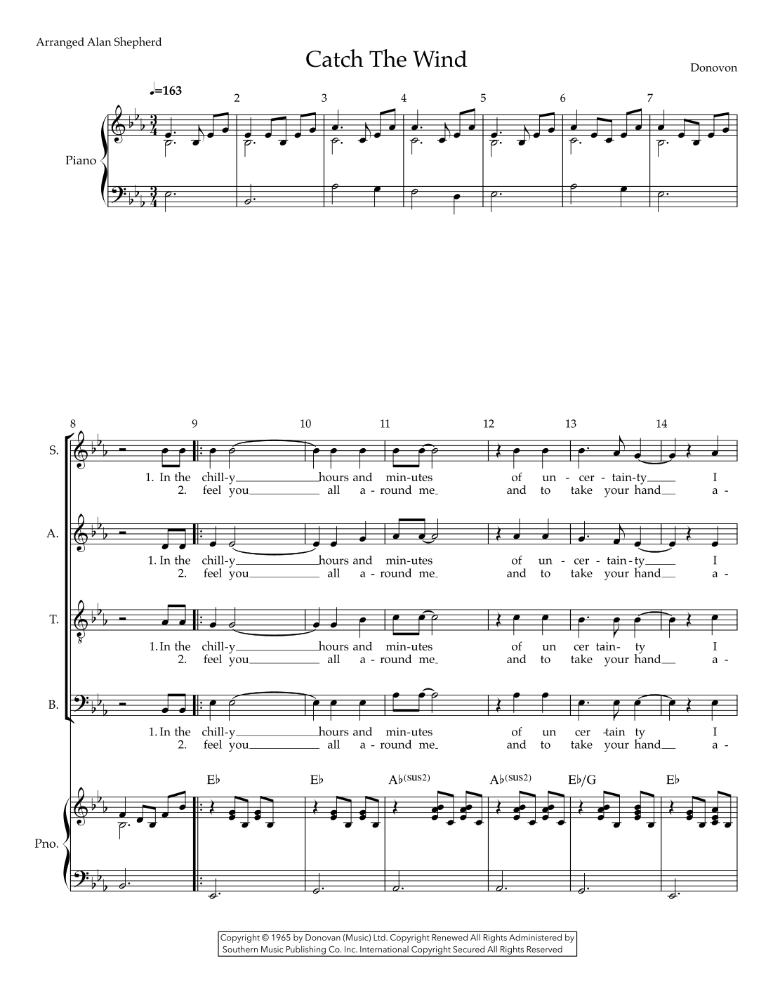 Catch The Wind (arr. Alan Shepherd) by Donovan Sheet Music for SATB ...