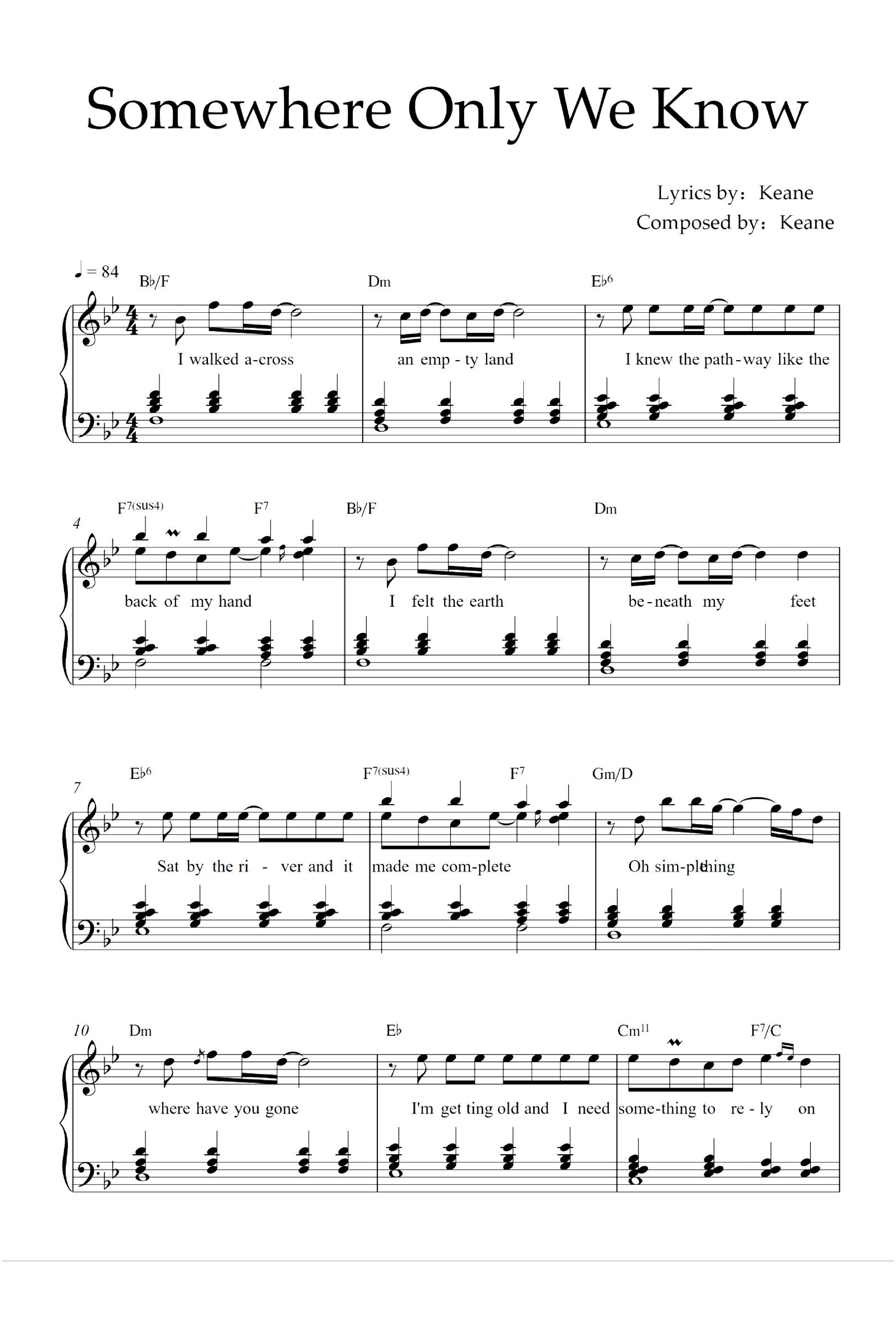 Somewhere Only We Know (arr. Keane) by Keane Sheet Music for Piano Solo ...