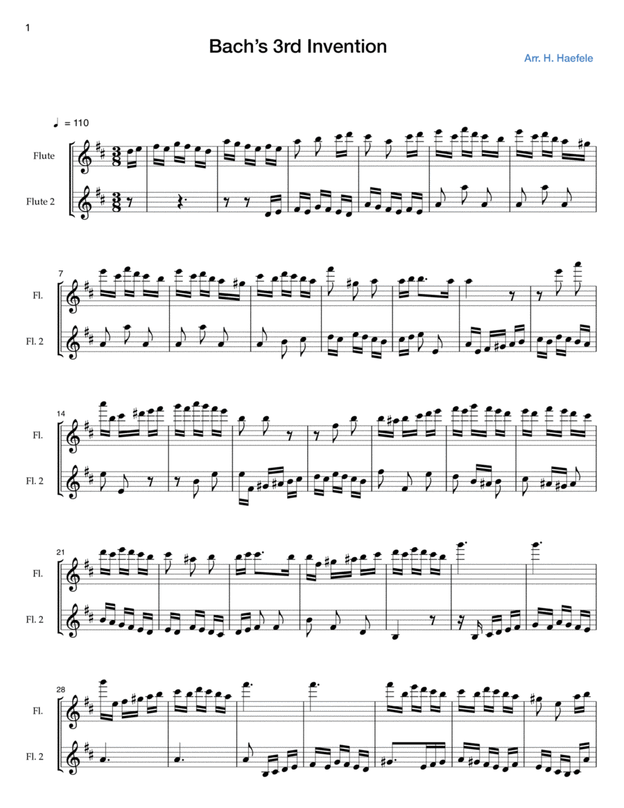 Invention 3 by J.S. Bach - flute duet Noten | J.S. Bach | Flöten-Duo