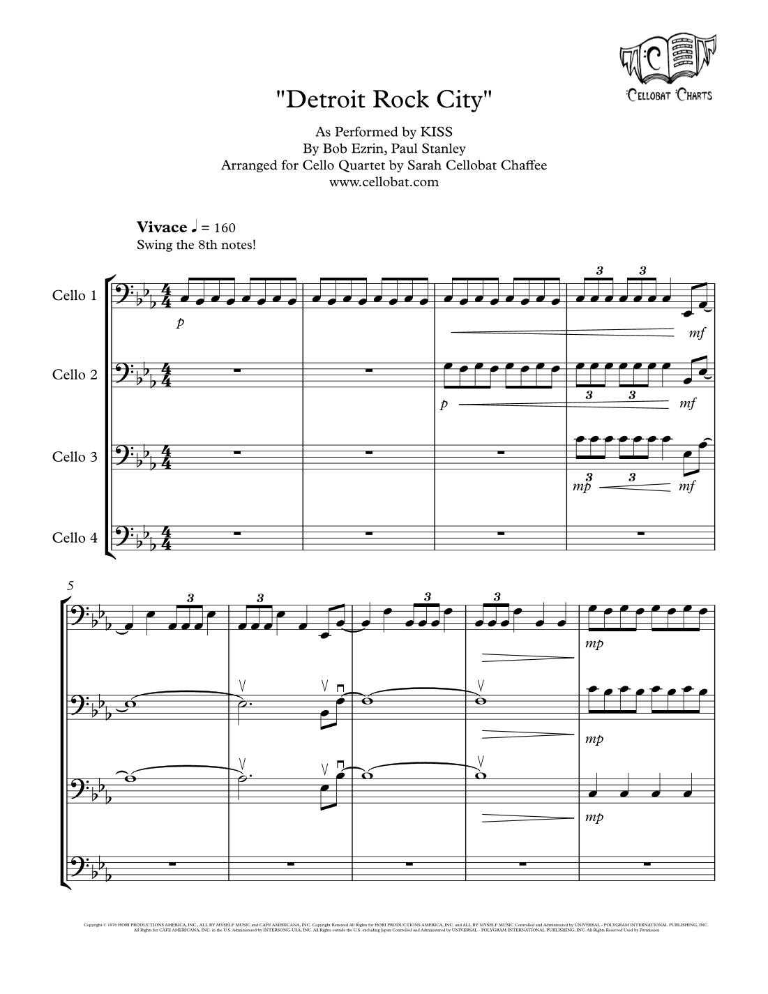 Detroit Rock City (arr. Sarah Cellobat Chaffee) by KISS Sheet Music for ...