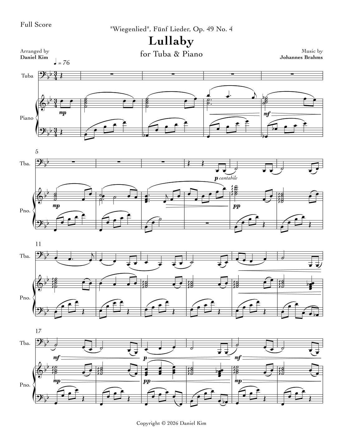 Brahms's Lullaby (Tuba & Piano) (arr. Daniel Kim) by Johannes Brahms ...
