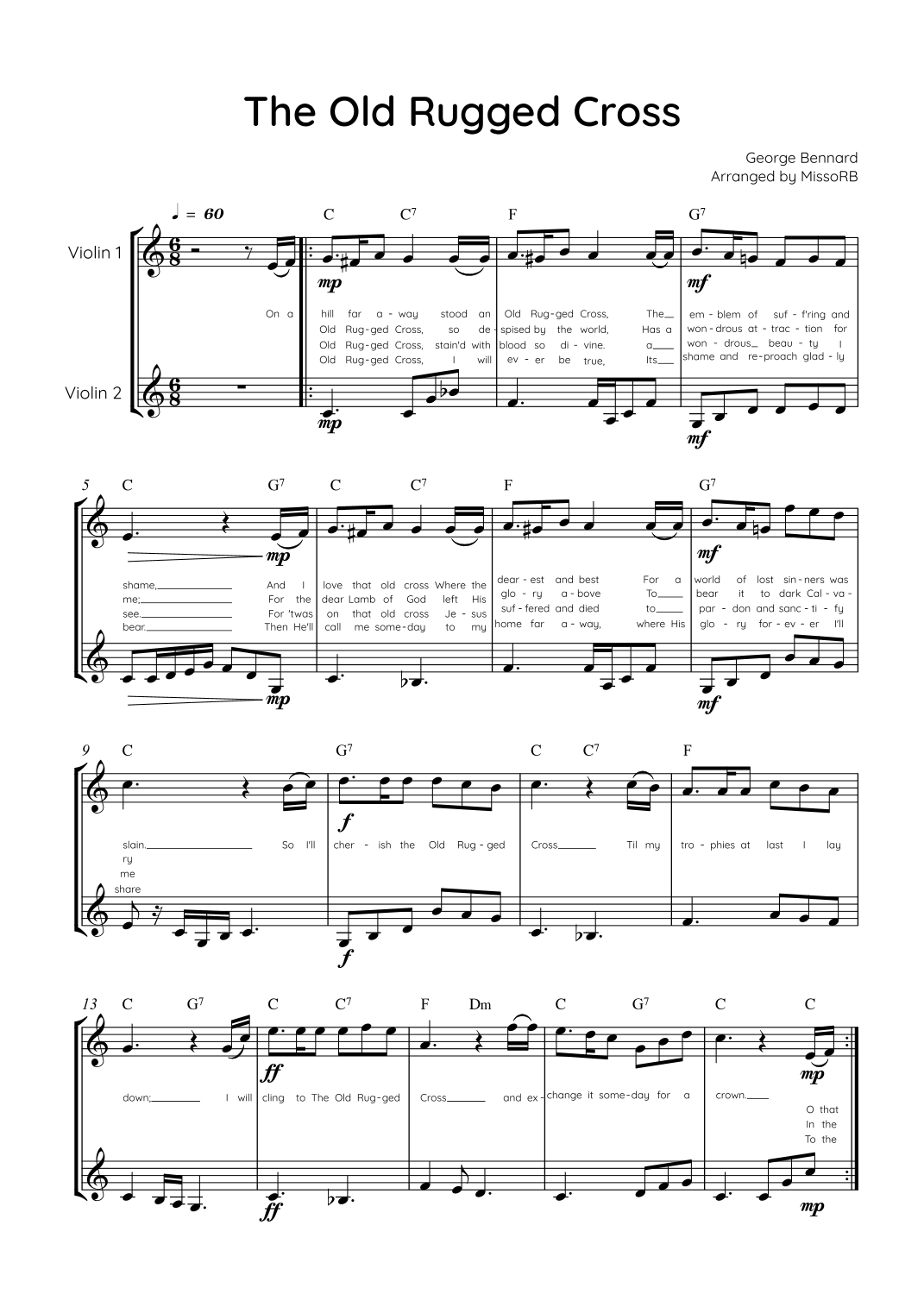 The Old Rugged Cross - Violin Duet in C With Chords & Lyric - Easy (arr ...
