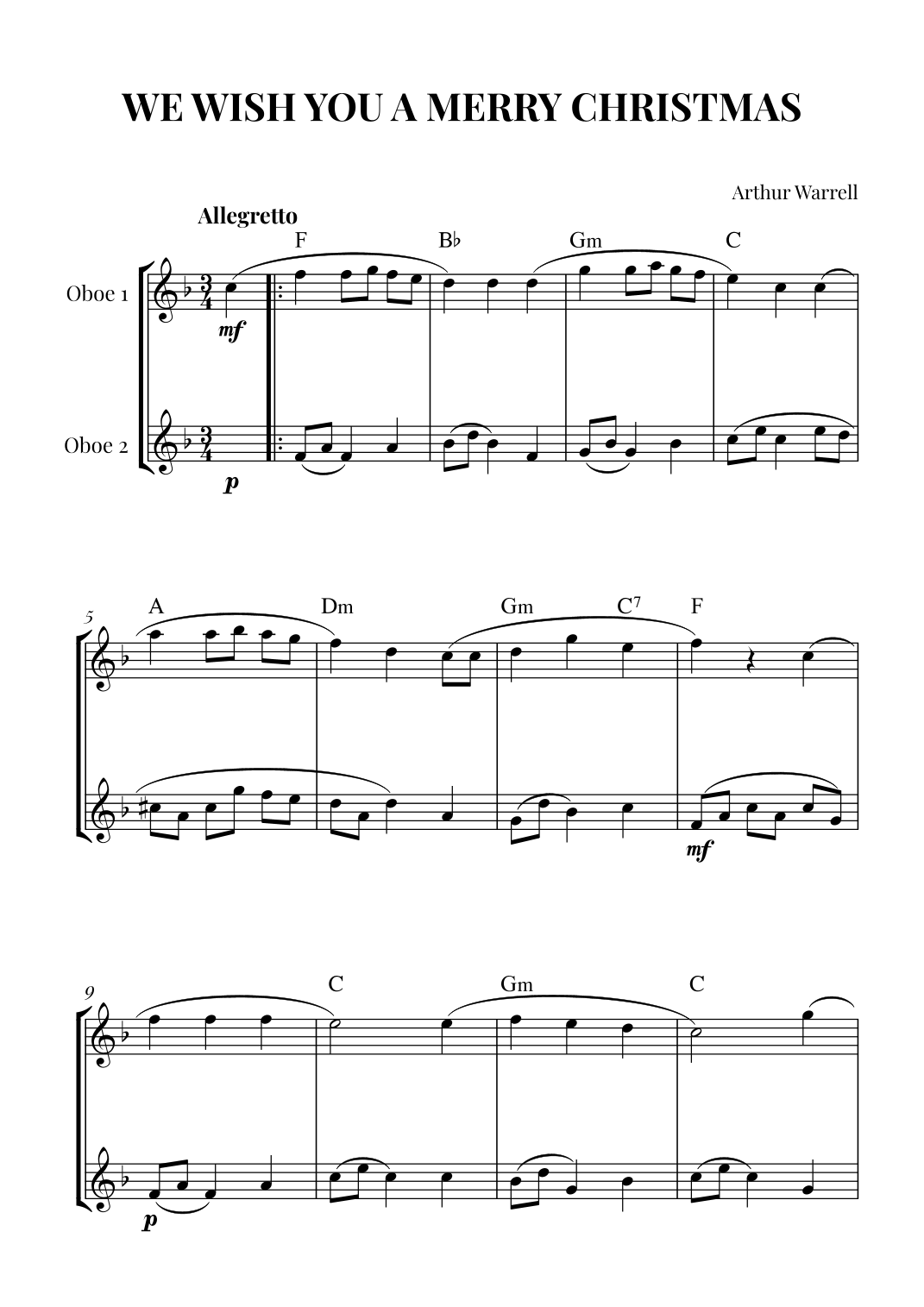 We Wish You a Merry Christmas - Easy Oboe Duet (with Chords) (arr ...