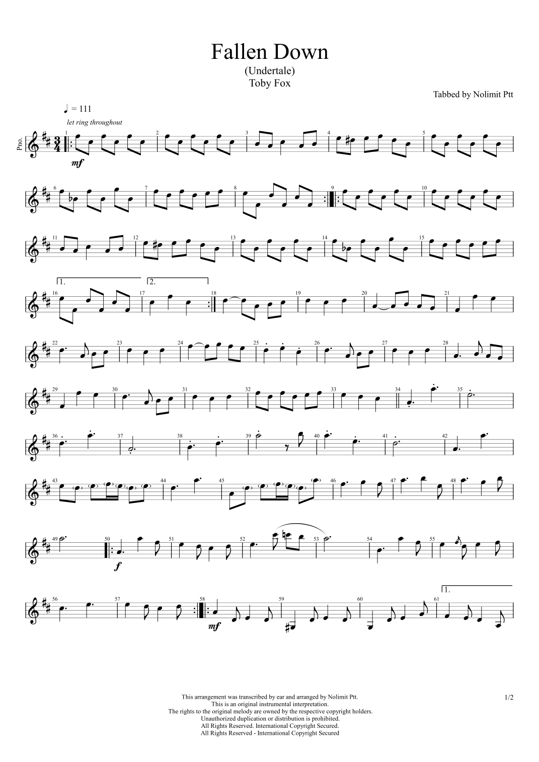 Fallen Down (reprise) (arr. Piano Righty) by Töby Fox Sheet Music for ...