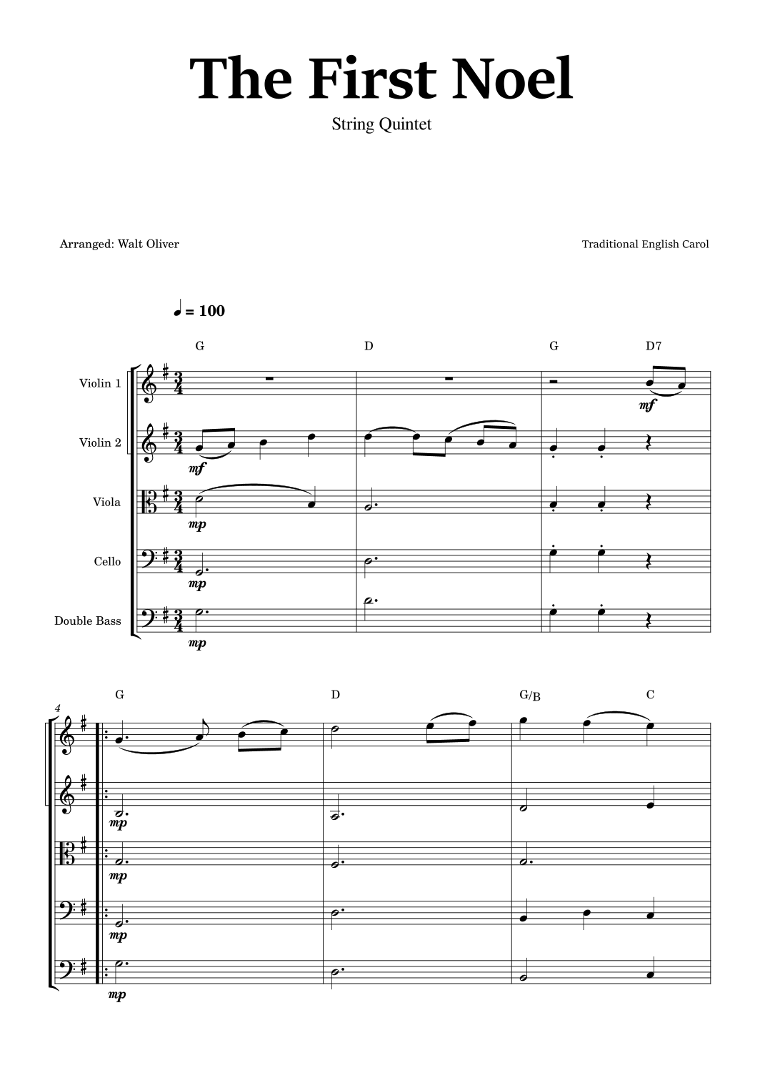 The First Noel - String Quintet - Easy - Score and parts - G major ...