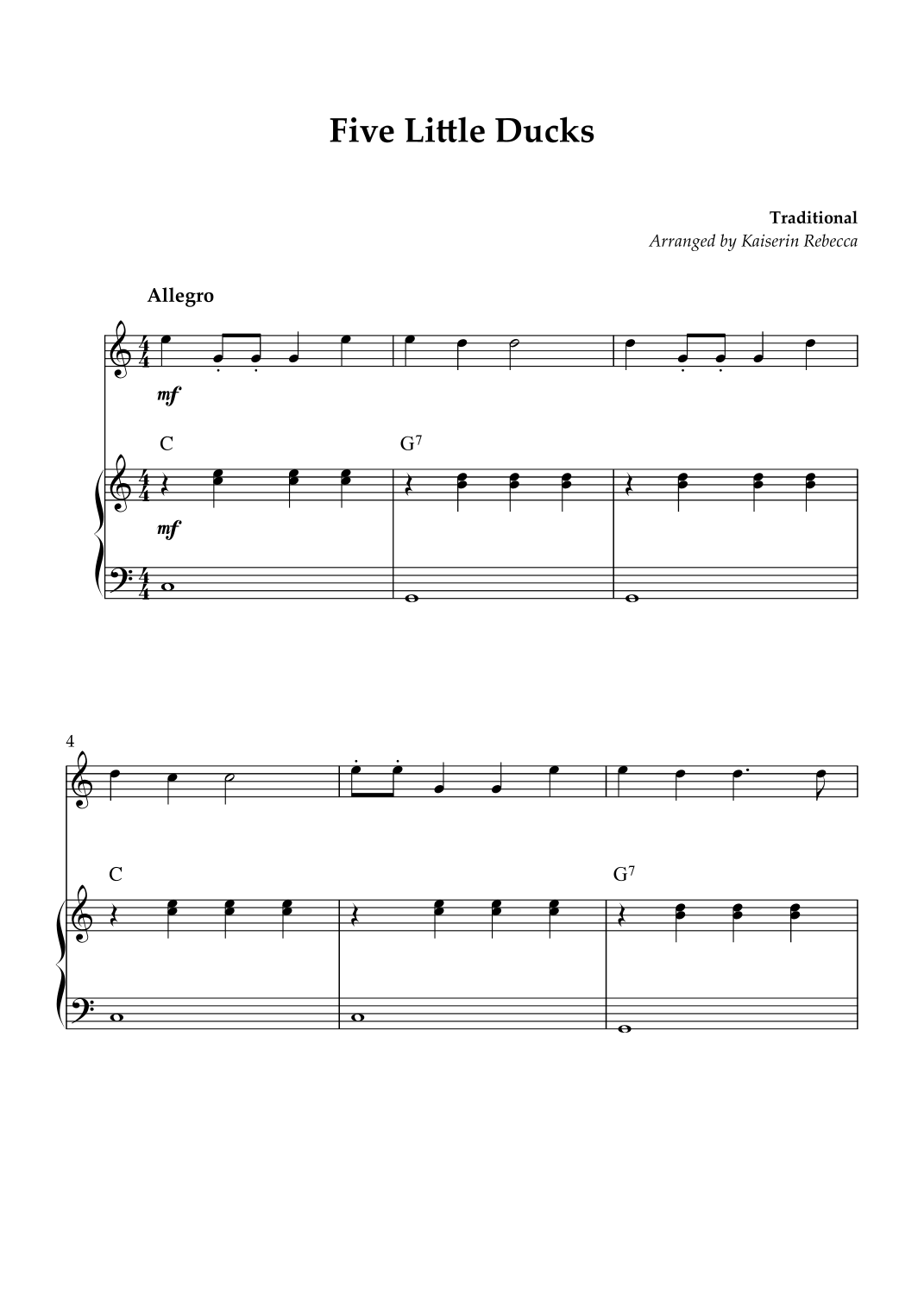 Five Little Ducks (arr. Kaiserin Rebecca) by Traditional Sheet Music ...
