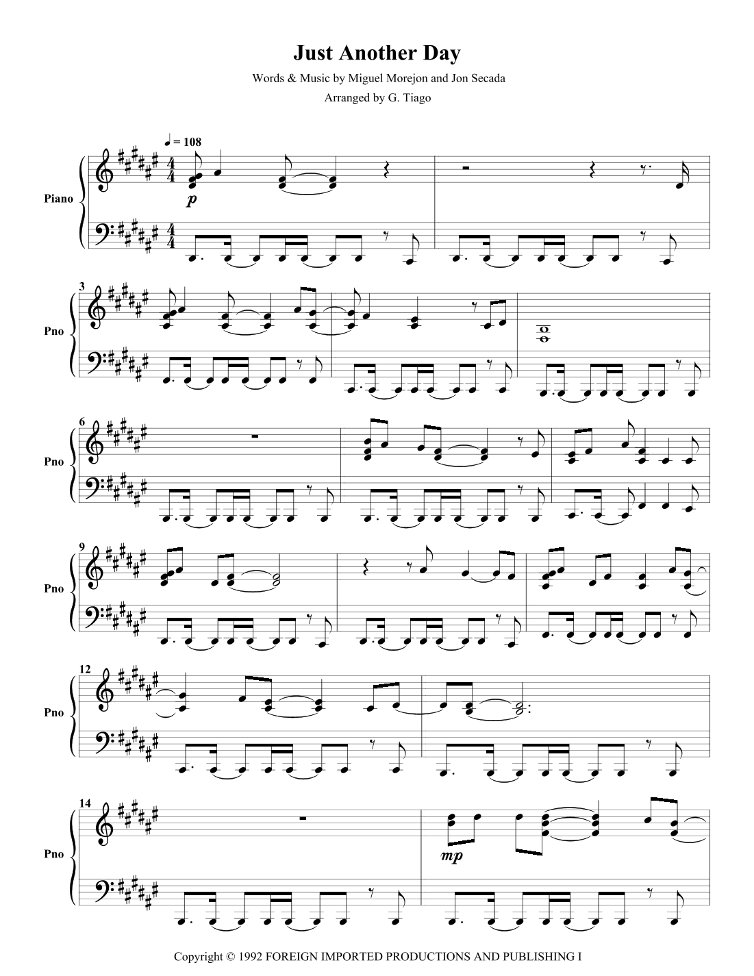 Just Another Day (Without You) (arr. G. Tiago) by Jon Secada Sheet ...