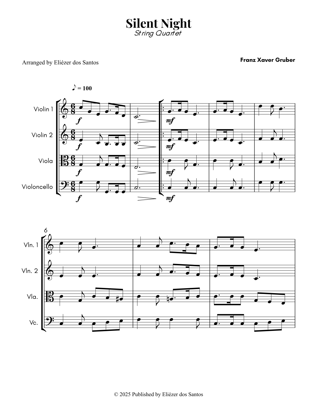 Silent Night for String Quartet (arr. Eliezer dos Santos) by Eliezer ...