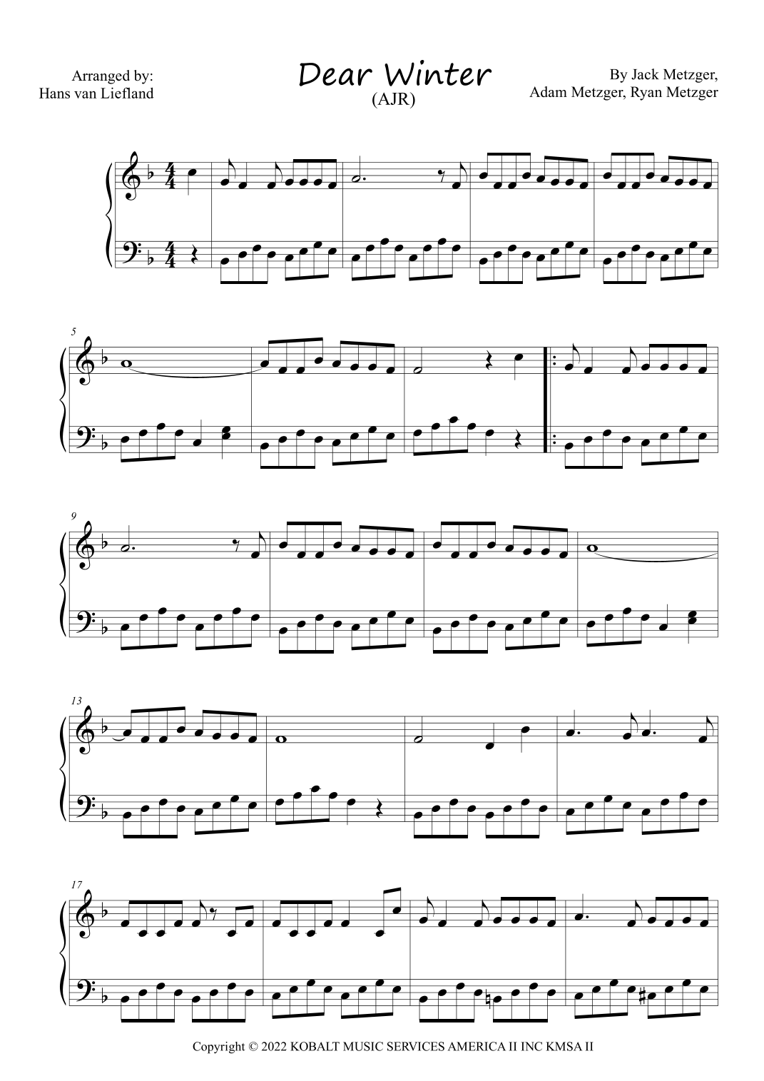 Dear Winter (arr. Hans van Liefland) by AJR Sheet Music for Piano Solo ...