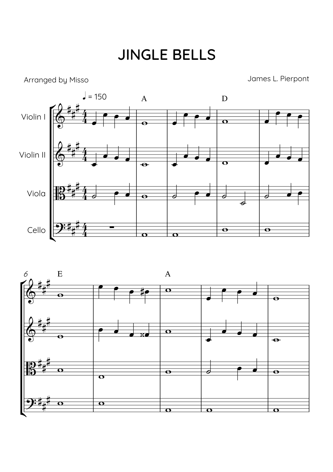 Jingle Bells - Strings Quartet in A Major - Beginner With Chords (arr ...