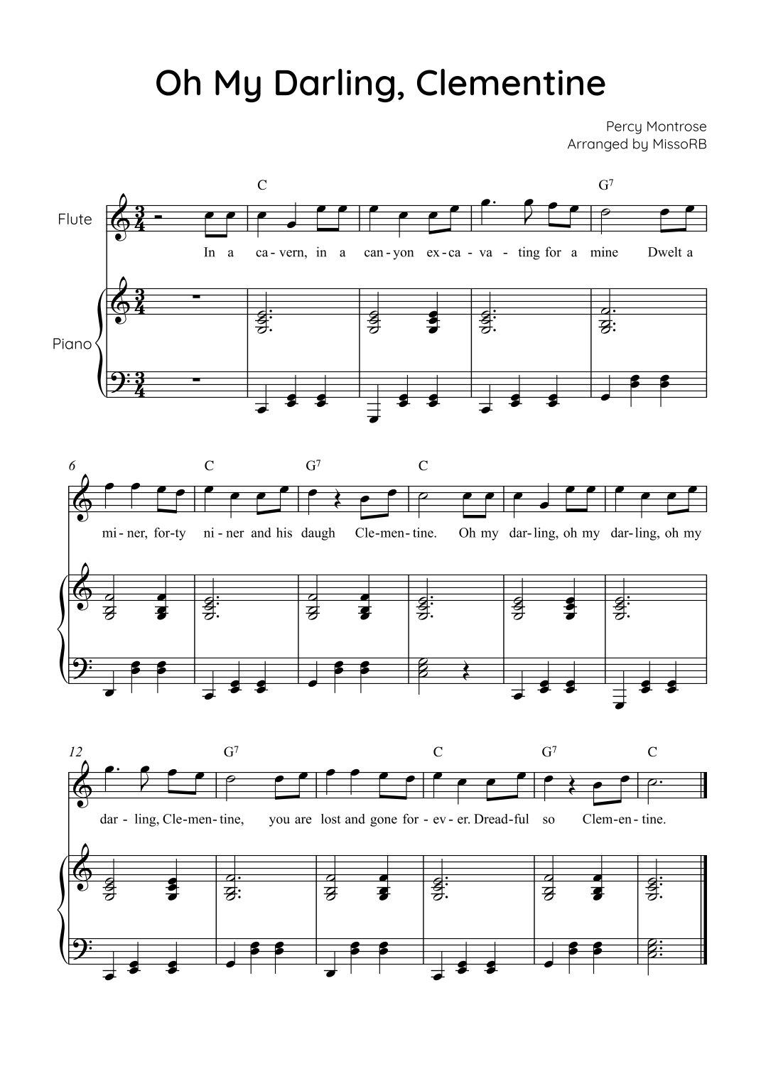 Oh My Darling, Clementine - Flute & Piano in C With Chords & Lyric ...