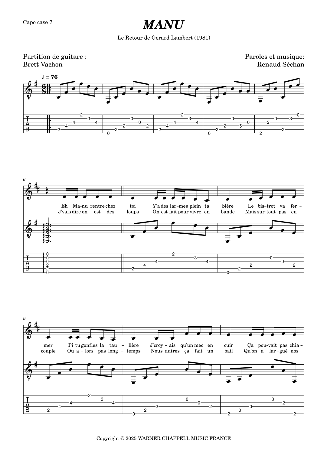 Manu (arr. Brett Vachon) by Renaud Sechan Sheet Music for Guitar Tab ...