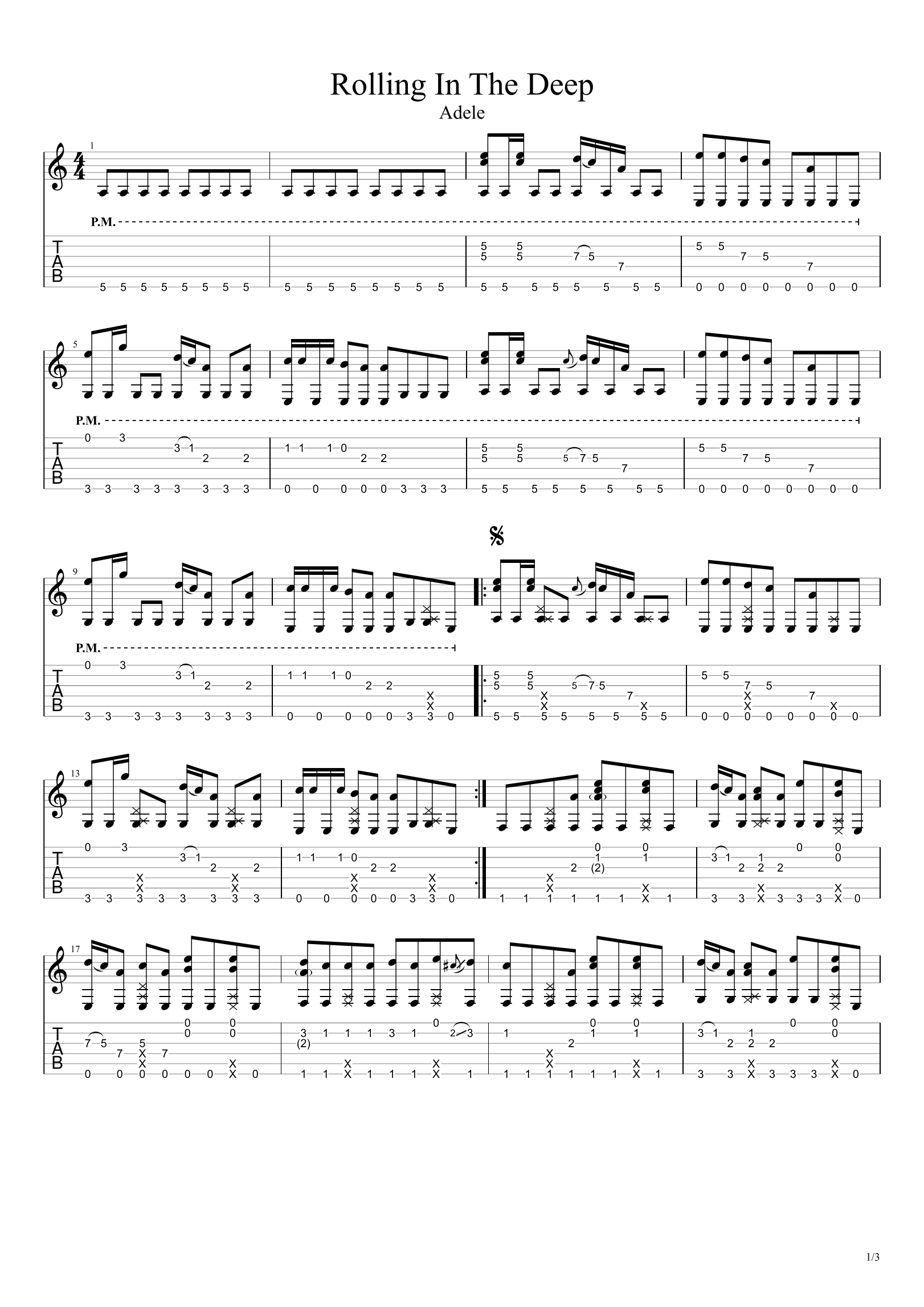 Rolling In The Deep (arr. Vince) by Adele Sheet Music for Solo Guitar ...