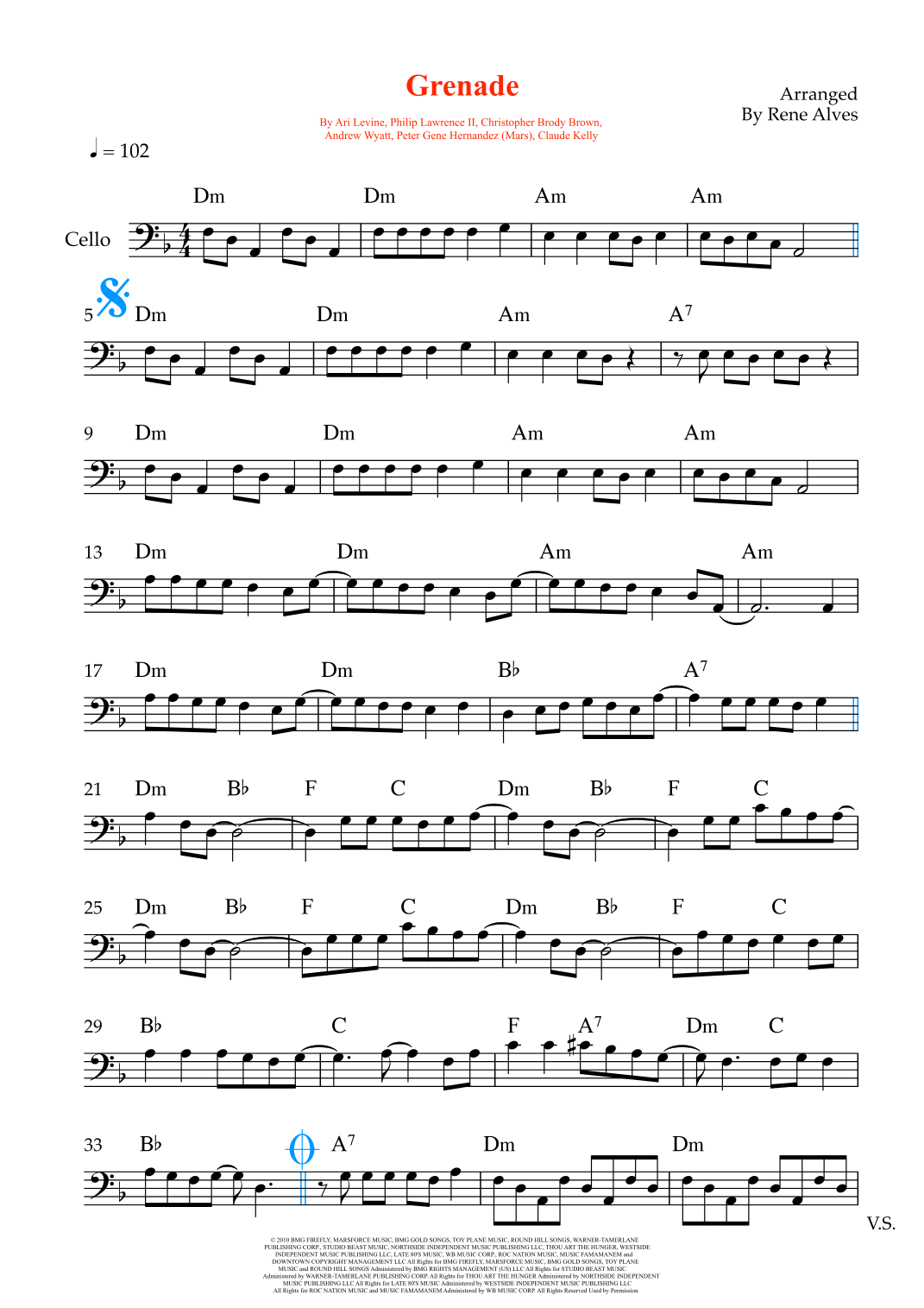 Grenade (arr. Rene Alves) by Bruno Mars Sheet Music for Cello Solo at ...