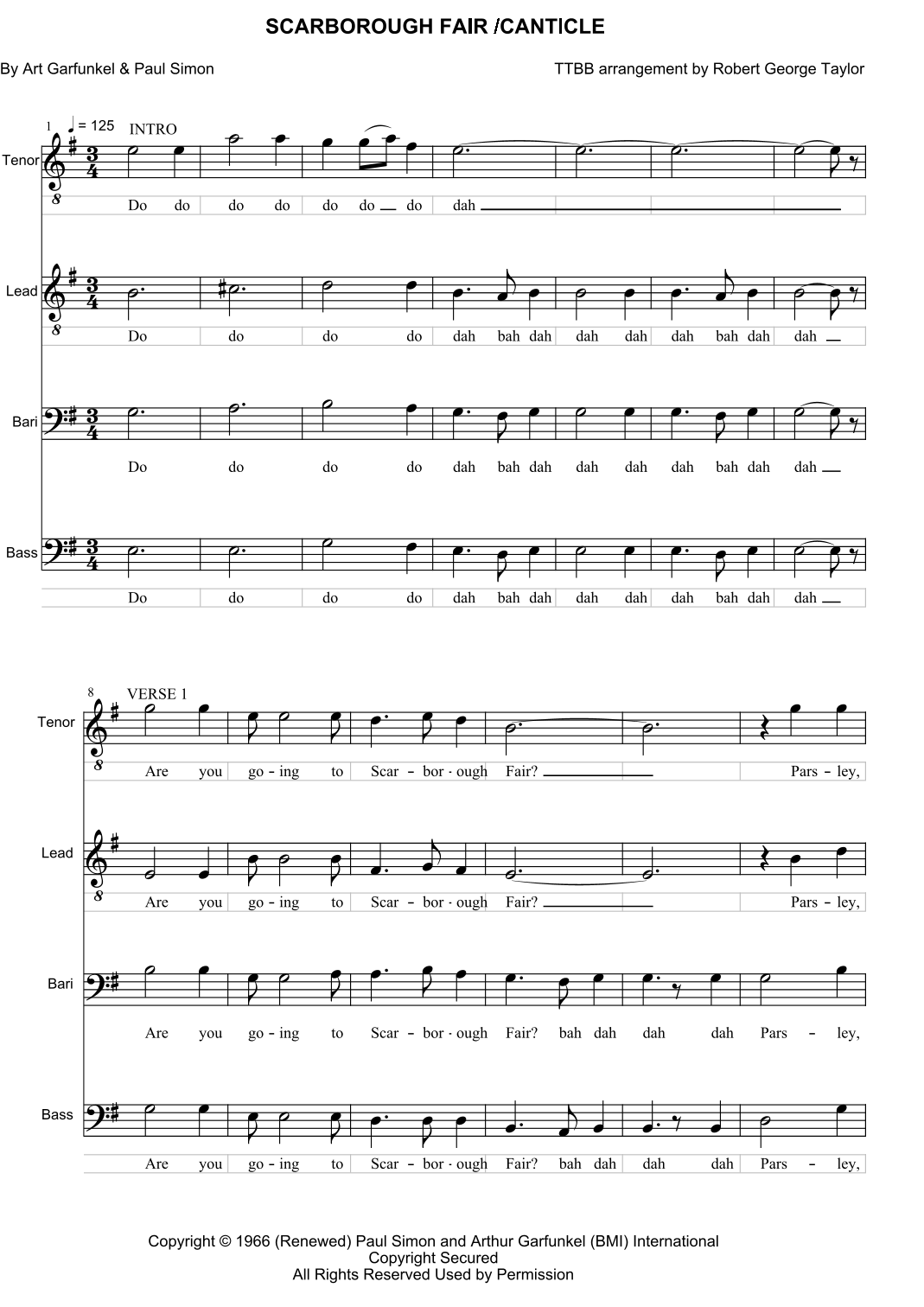 Scarborough Fair/canticle by Simon & Garfunkel Sheet Music for TTBB ...