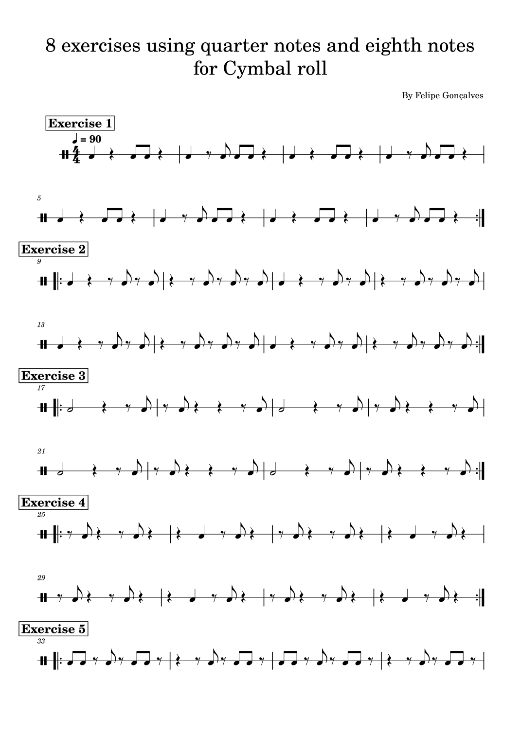 8 exercises using quarter notes and eighth notes for Cymbal roll by ...